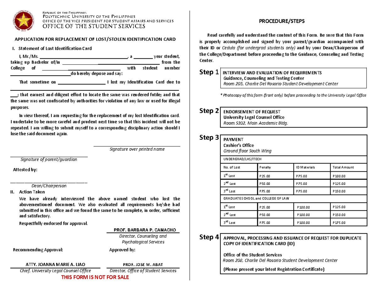 PUP OSS Form - Application for Replacement of Lost or Stolen ID - Republic of the Philippines ...