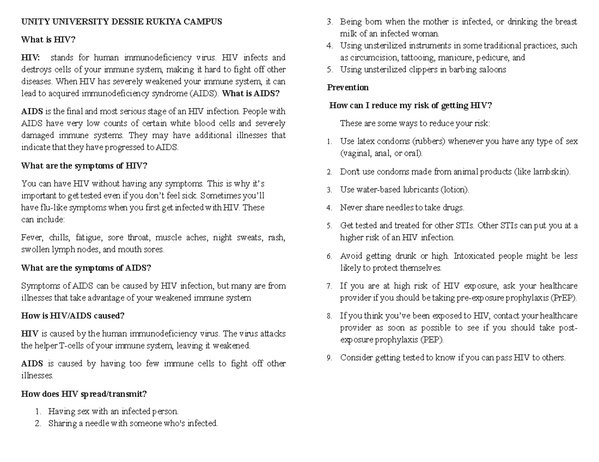 HIV/AIDS Overview and Prevention Strategies - Reference Guide - Studocu
