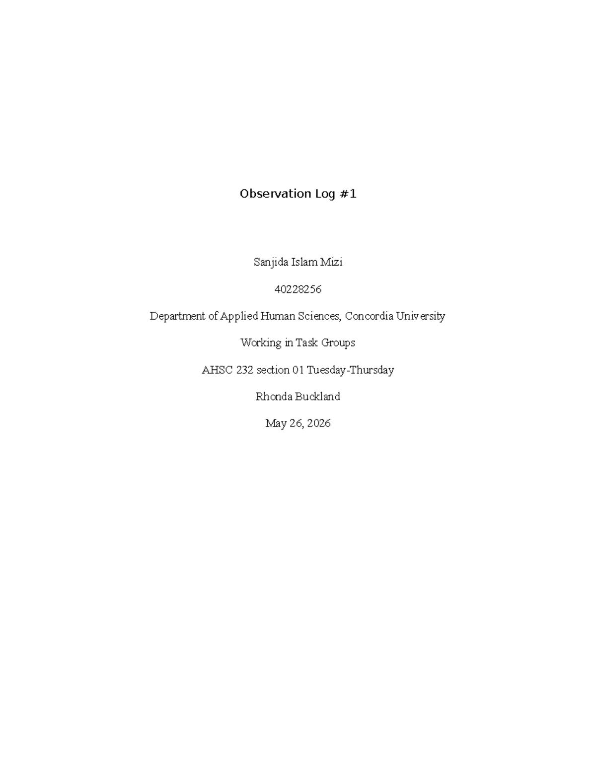 Observation Log: Group Dynamics in AHSC 232 - Sanjida Islam Mizi - Studocu