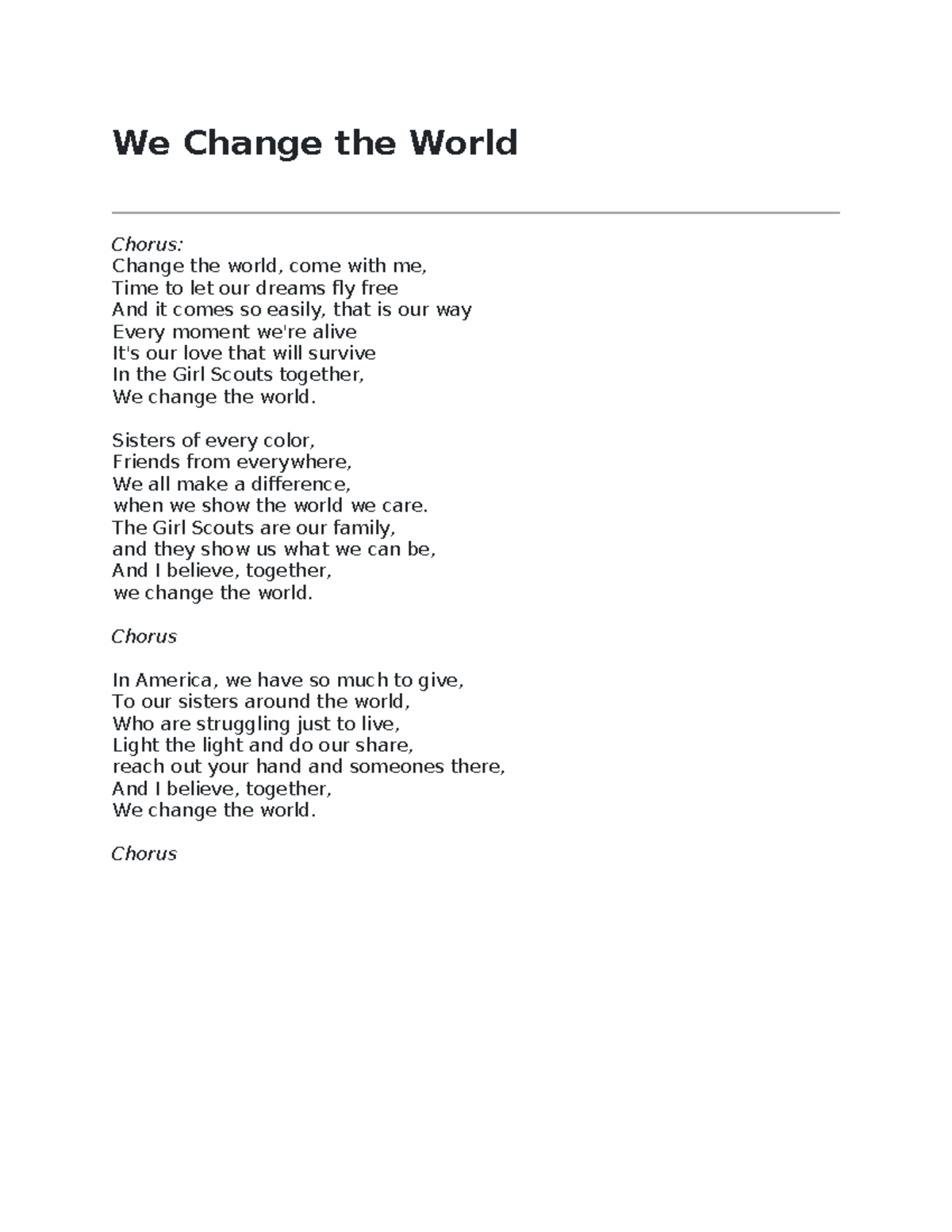We Change the World - Girl Scouts Song Lyrics - Studocu