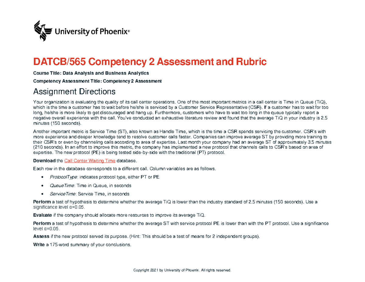 DATCB/565 Competency 2 Assessment Rubric for Call Center Metrics - Studocu