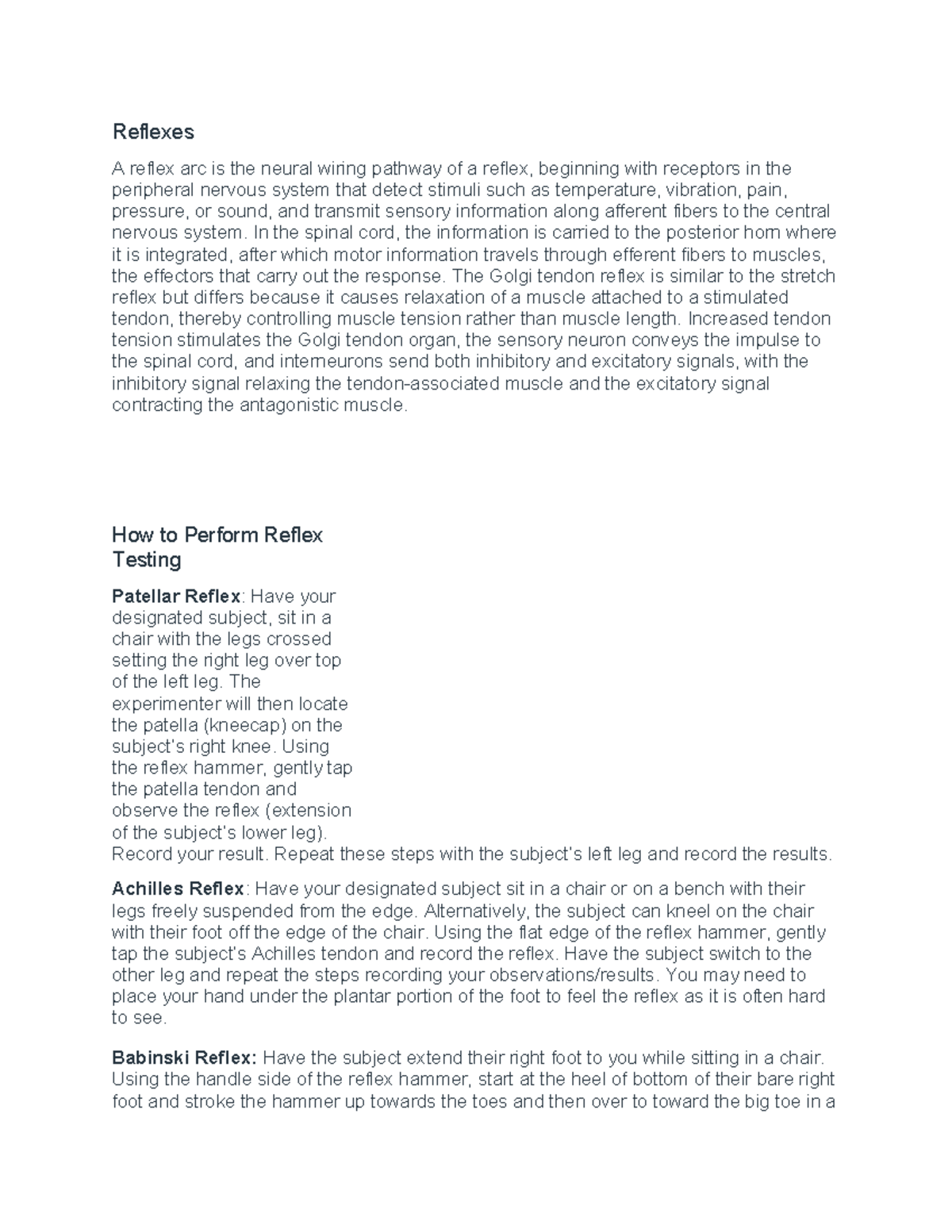 Reflexes - Practice Guide for Testing and Understanding - Studocu