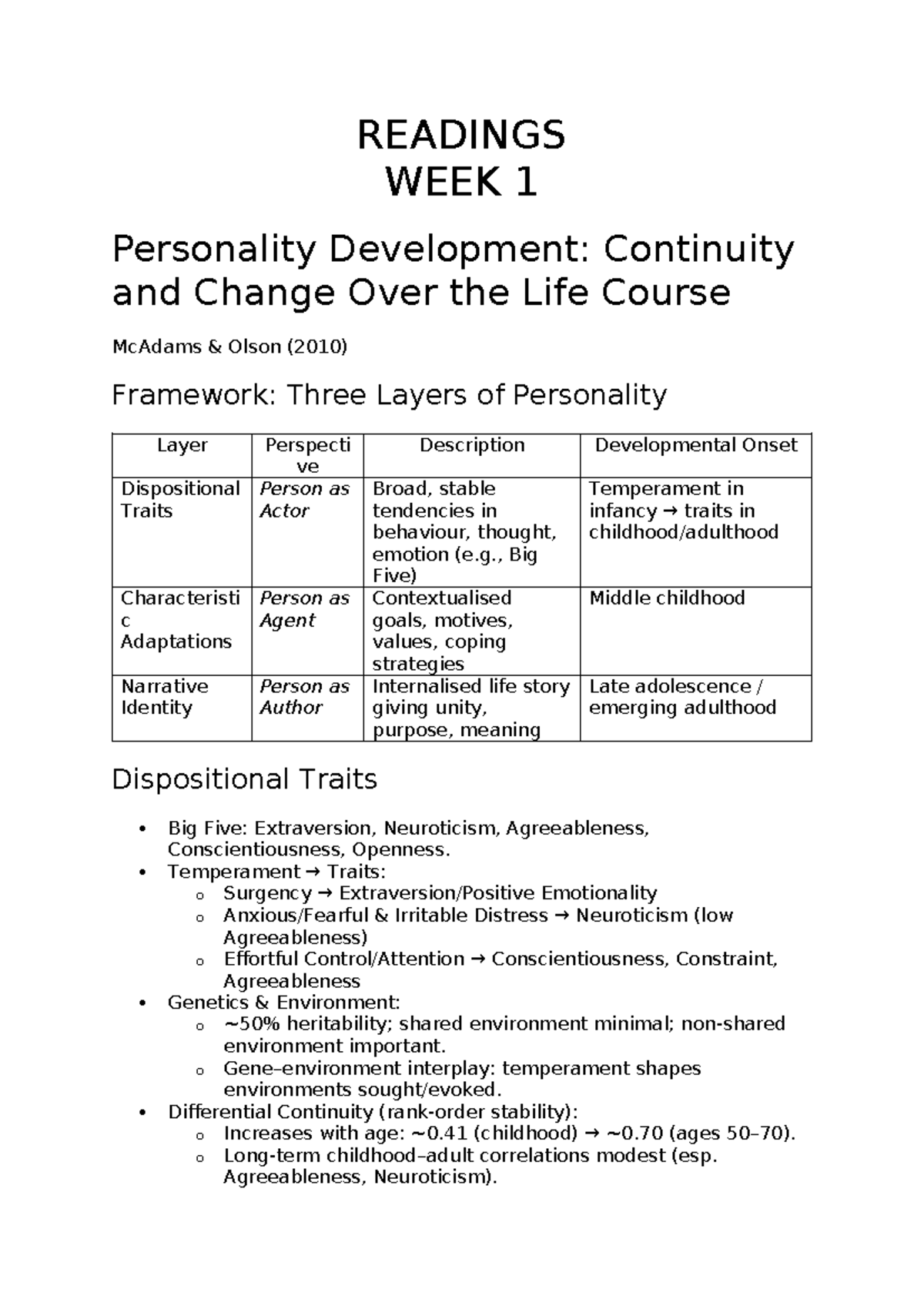 READINGS WEEK 1: Personality Development & Measurement Insights - Studocu