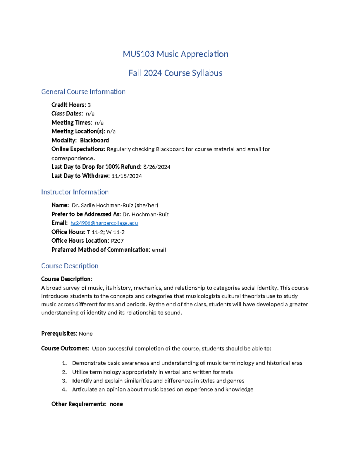 MUS103 Fall 2024 Music Appreciation Syllabus and Course Schedule - Studocu