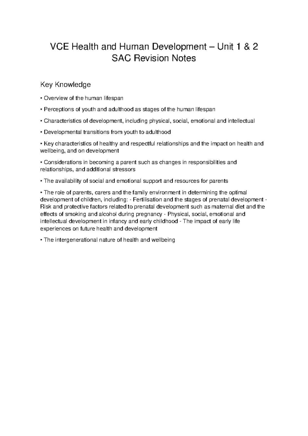 VCE Health & Human Development Unit 1 & 2 SAC Revision Notes - Studocu