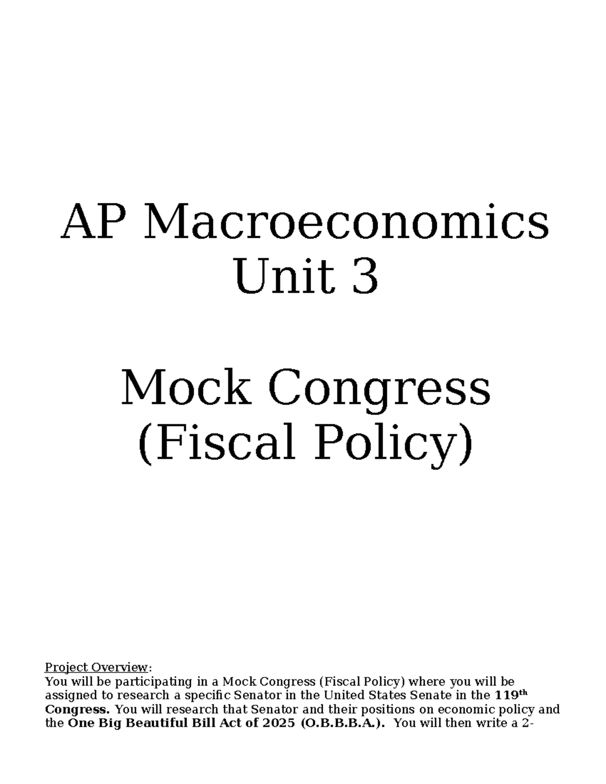 AP Macro Unit 3 Mock Congress (Fiscal Policy) Project Notes - Studocu