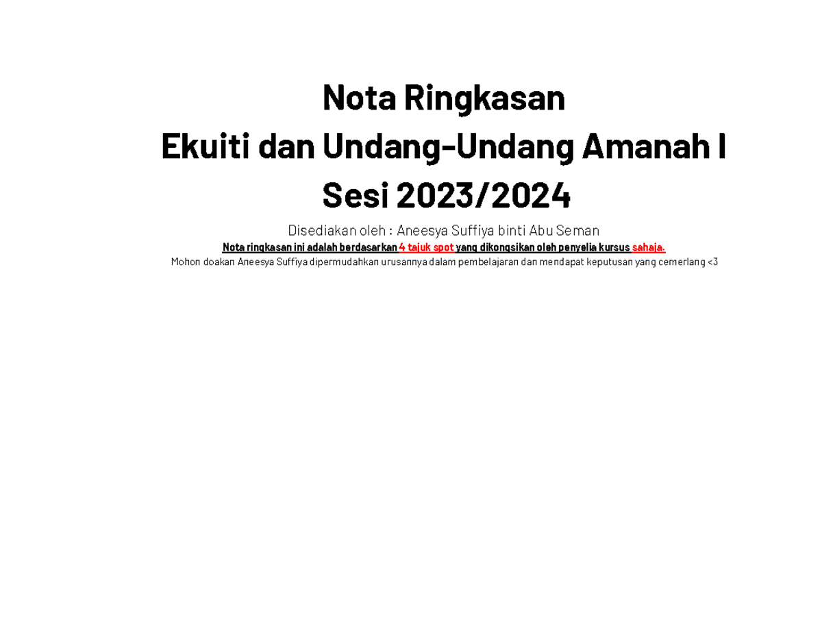 Nota Ringkasan Finals Ekuiti I oleh Aneesya Suffiya (Batch 37) - Studocu
