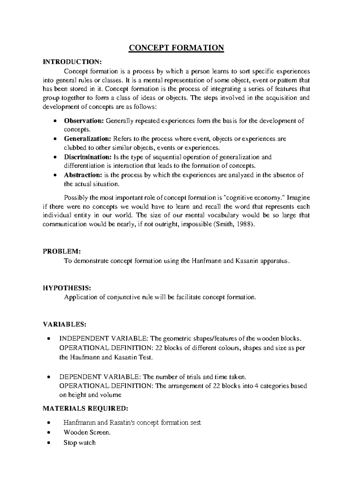 Concept Formation Study Using Hanfmann & Kasanin Test - Studocu