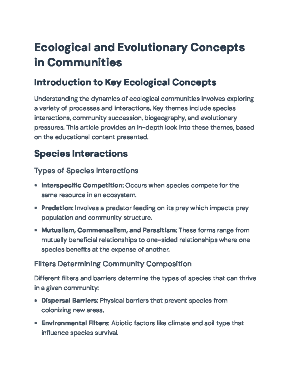 Ecological Concepts and Evolution in Communities: An Overview ...