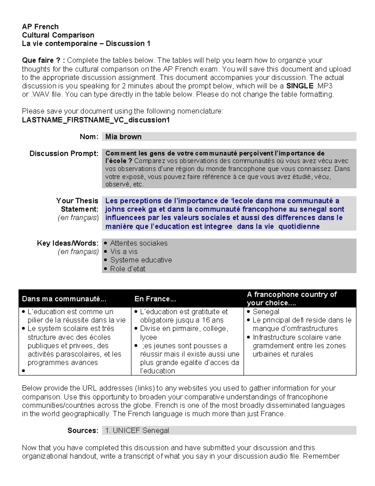 LVC Discussion 1 - ap french on gavs assignment - AP French Cultural ...