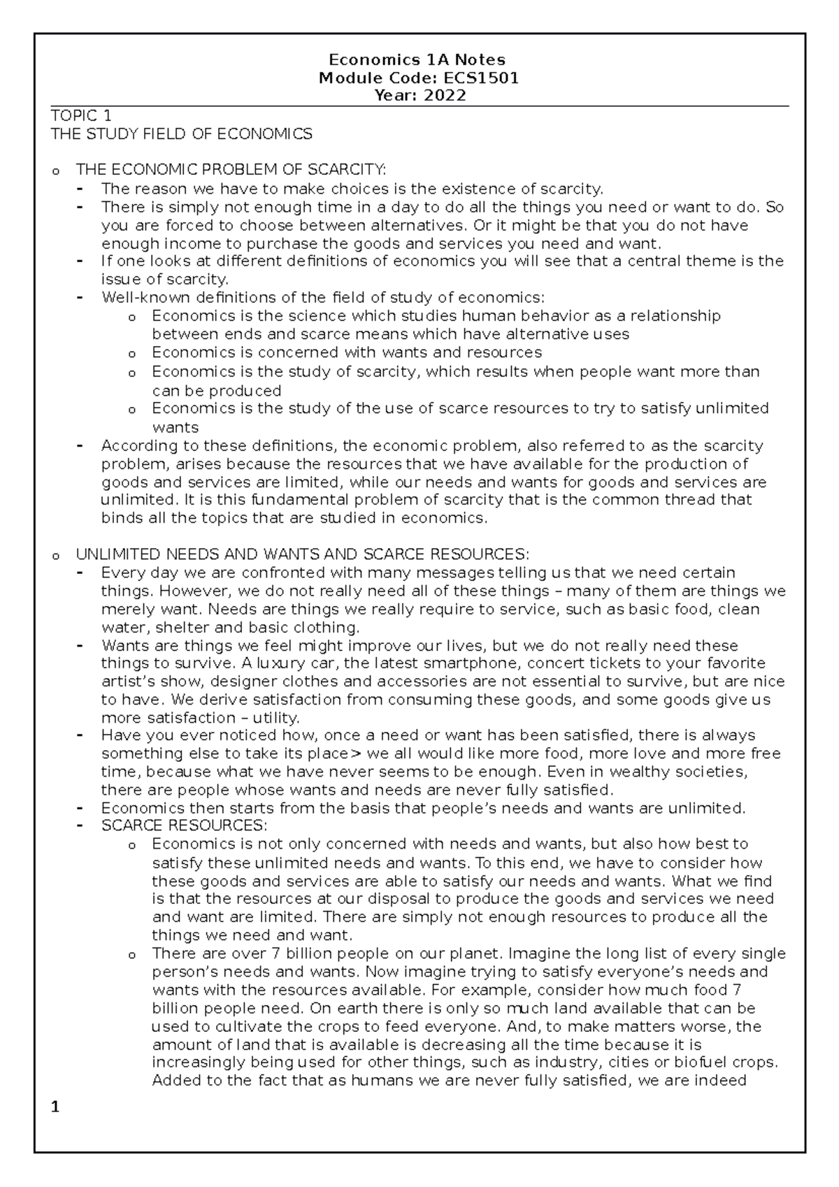 Economics 1A Lecture Notes - ECS1501: The Problem of Scarcity - Studocu