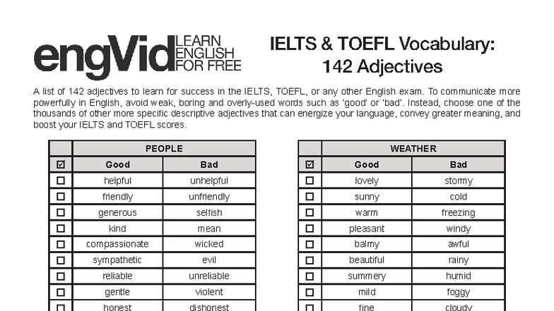 IELTS TOEFL Vocabulary: 142 Essential Adjectives for Success - Studocu