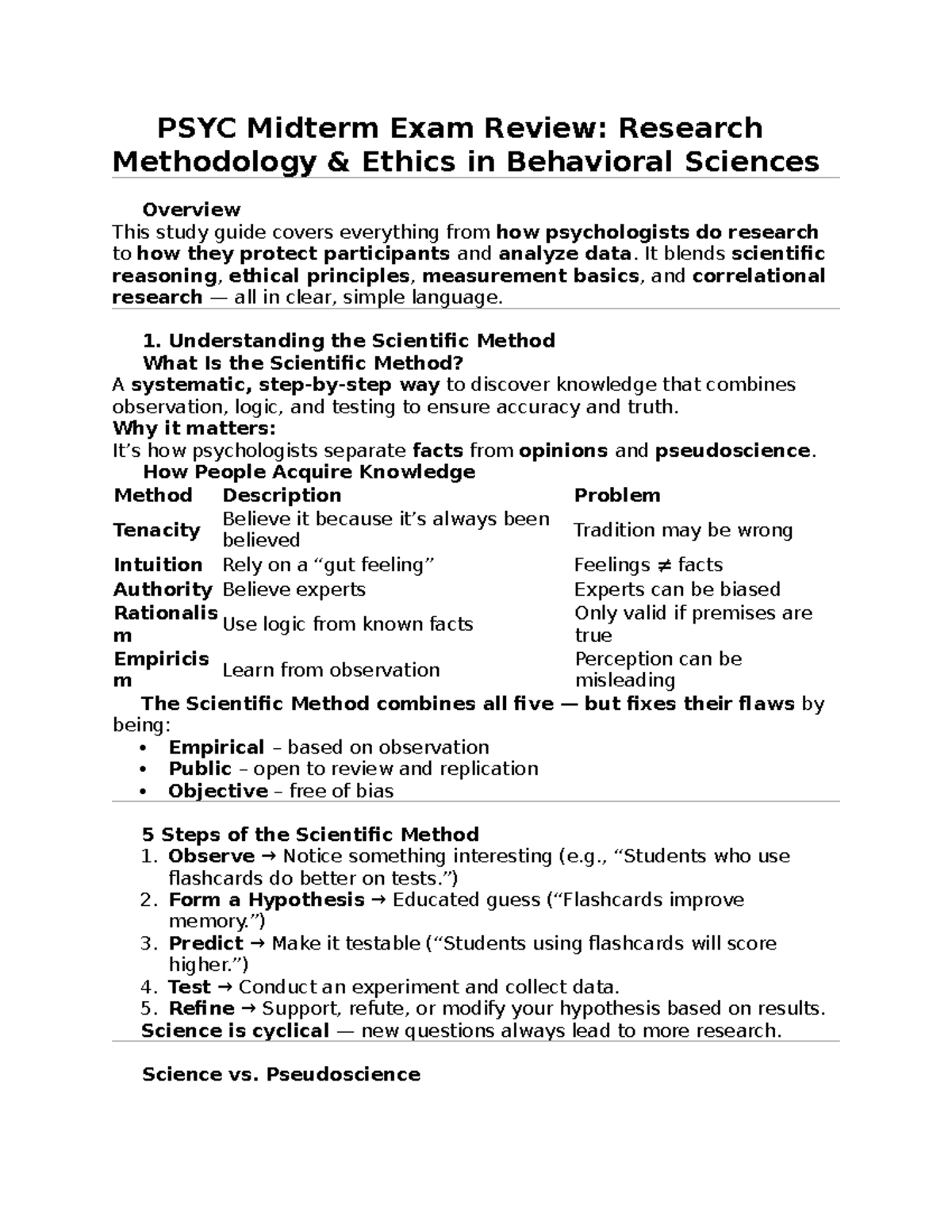 PSYC Midterm Exam Review: Research Methodology & Ethics Overview - Studocu
