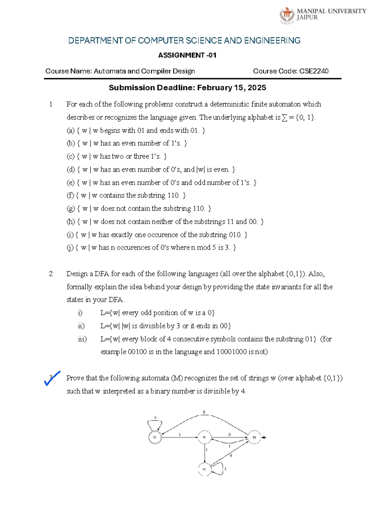 ACD Course Assignment - DEPARTMENT OF COMPUTER SCIENCE AND ENGINEERING ASSIGNMENT QUESTIONS ...
