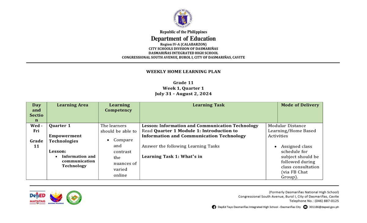 WHLP- Emptech WEEK-1 - Empowerment technology - Department of Education Region IV-A (CALABARZON ...