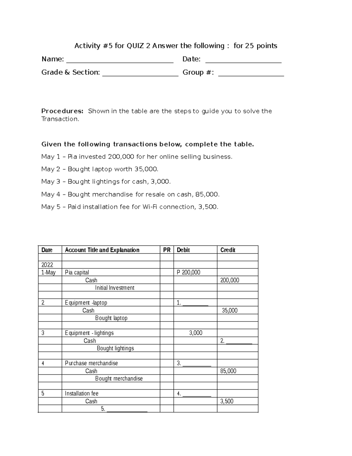 Entrep Activity: Short Quiz 2 on Transactions and Procedures - Studocu