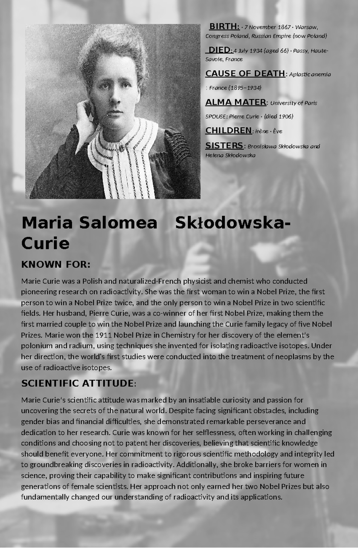 Top 10 scientist that change the world - BIRTH: · 7 November 1867 ...