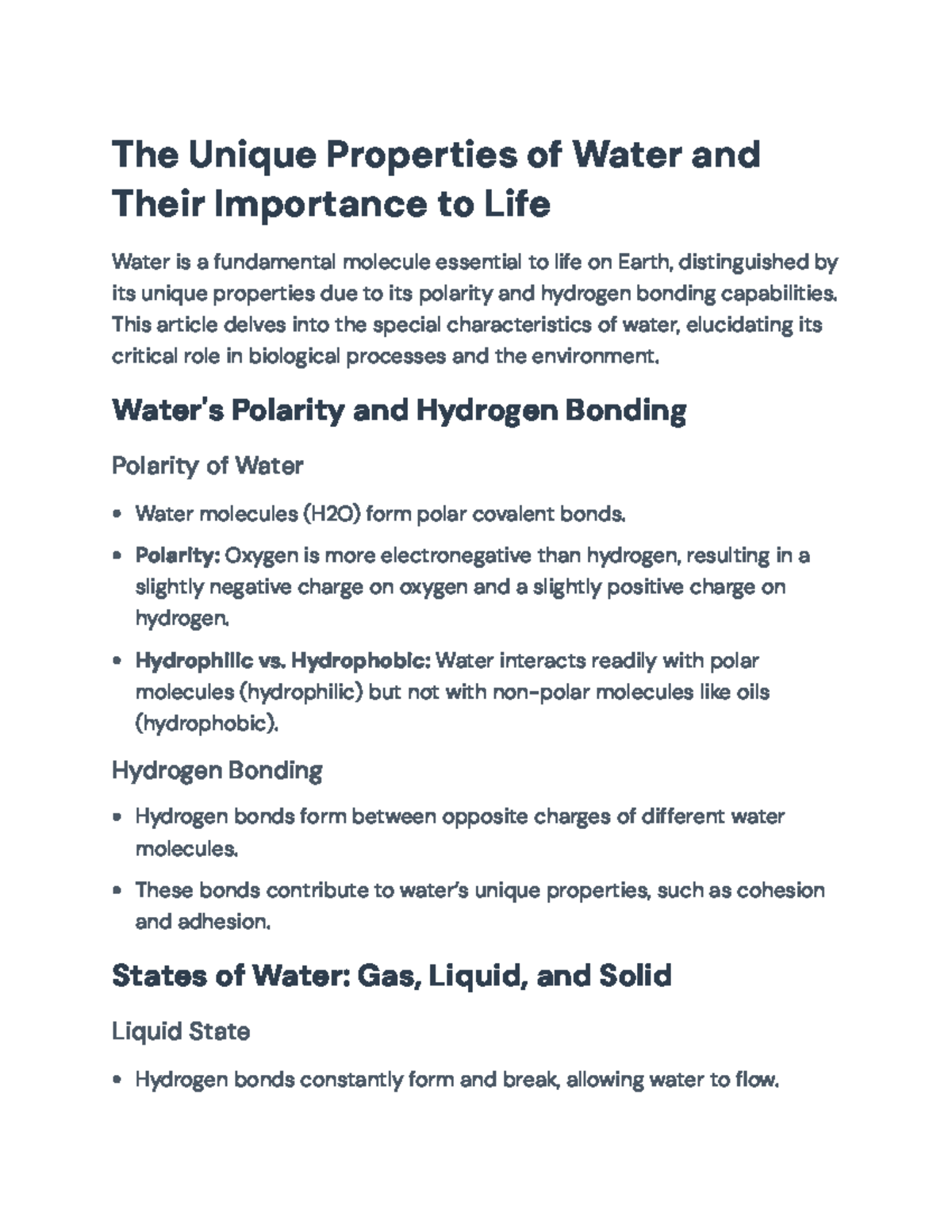 The Unique Properties of Water: Essential for Life (AP Biology) - The ...