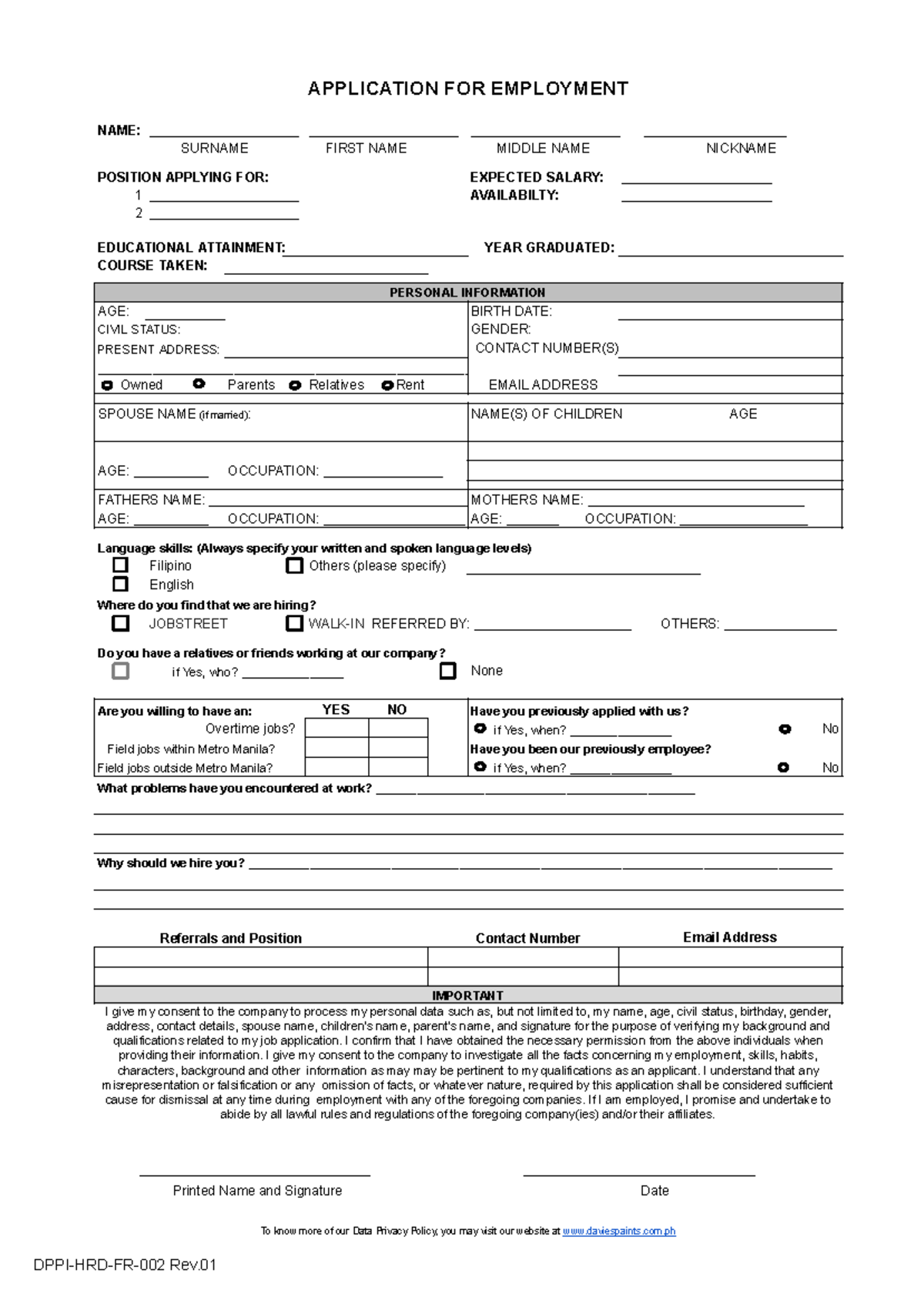 DPPI - Employment Application Form - HRD-FR-002 Rev. - Studocu