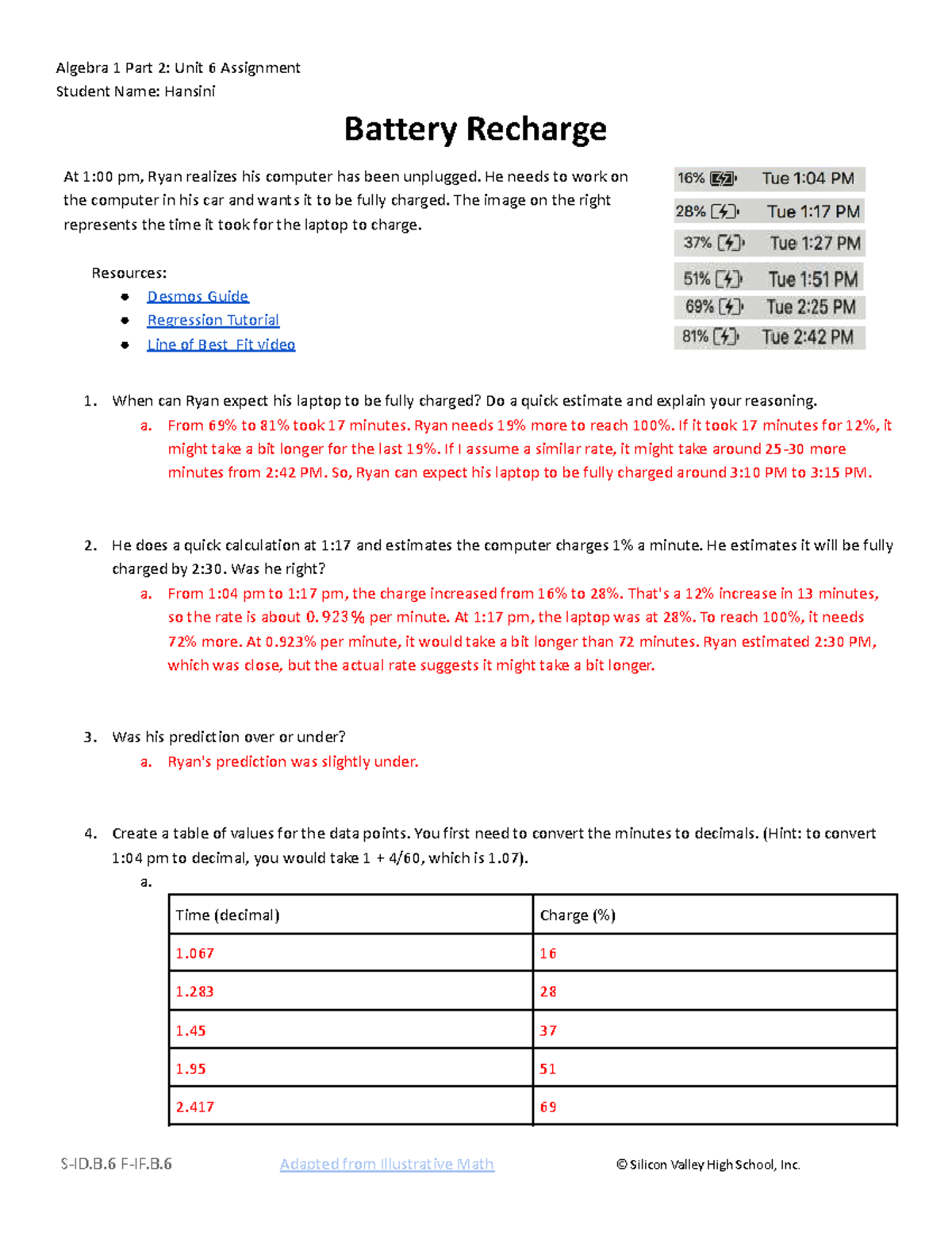 Algebra 1 (Part 2) Unit 6 Assignment: Laptop Charging Analysis - Studocu