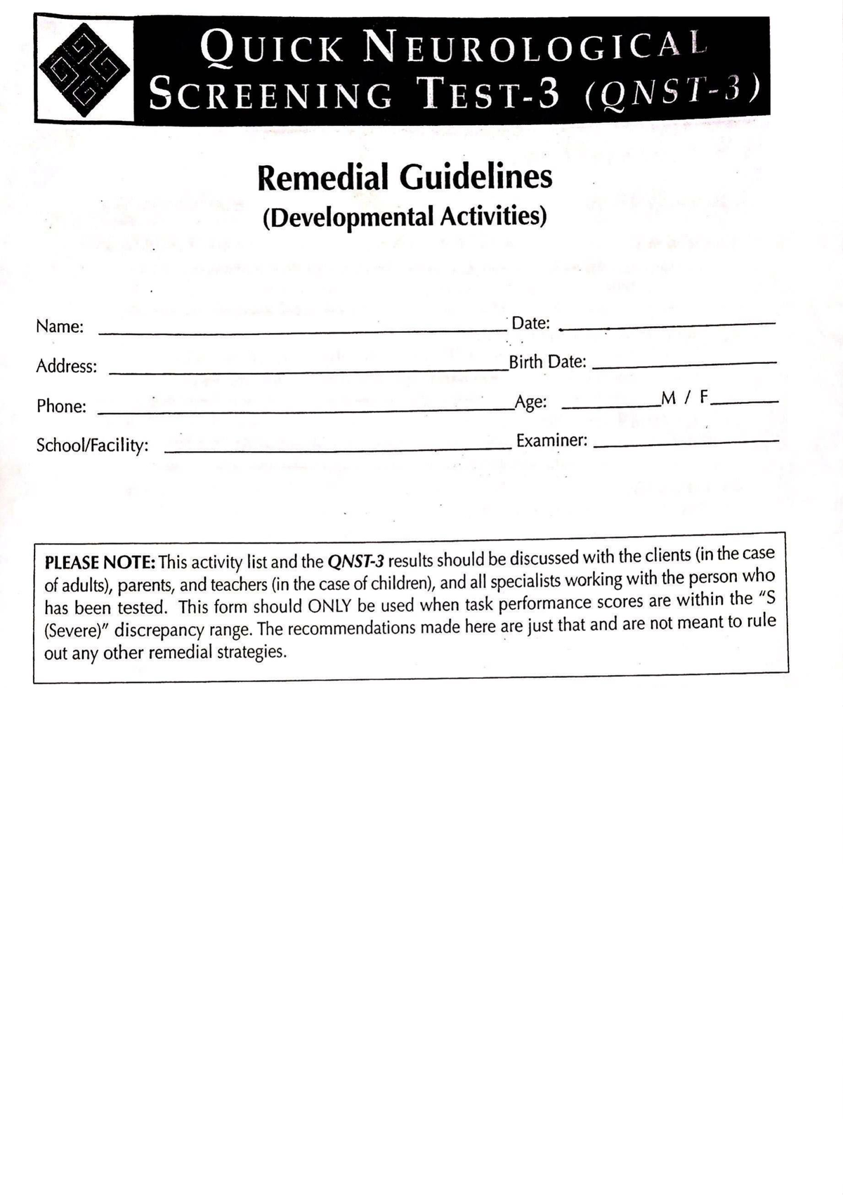 QUICK NEUROLOGICAL SCREENING (QNST 3) Record Form - Studocu