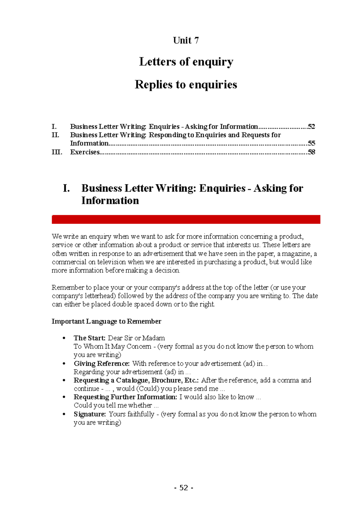 Enquiries - Thư hỏi mua hàng - Unit 7 Letters of enquiry Replies to ...