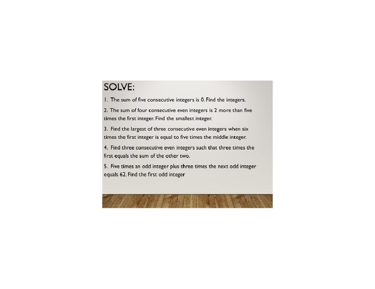 9th Grade Math-2 - Assignment - SOLVE: The sum of five consecutive ...