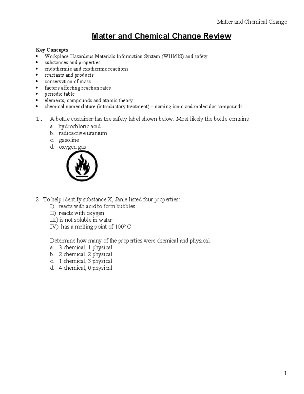 Matter and Chemical Change Review for Chemistry 101: Key Concepts and ...