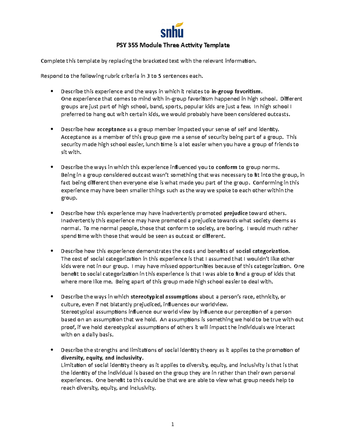 PSY 355 Module Three Activity - Respond to the following rubric ...