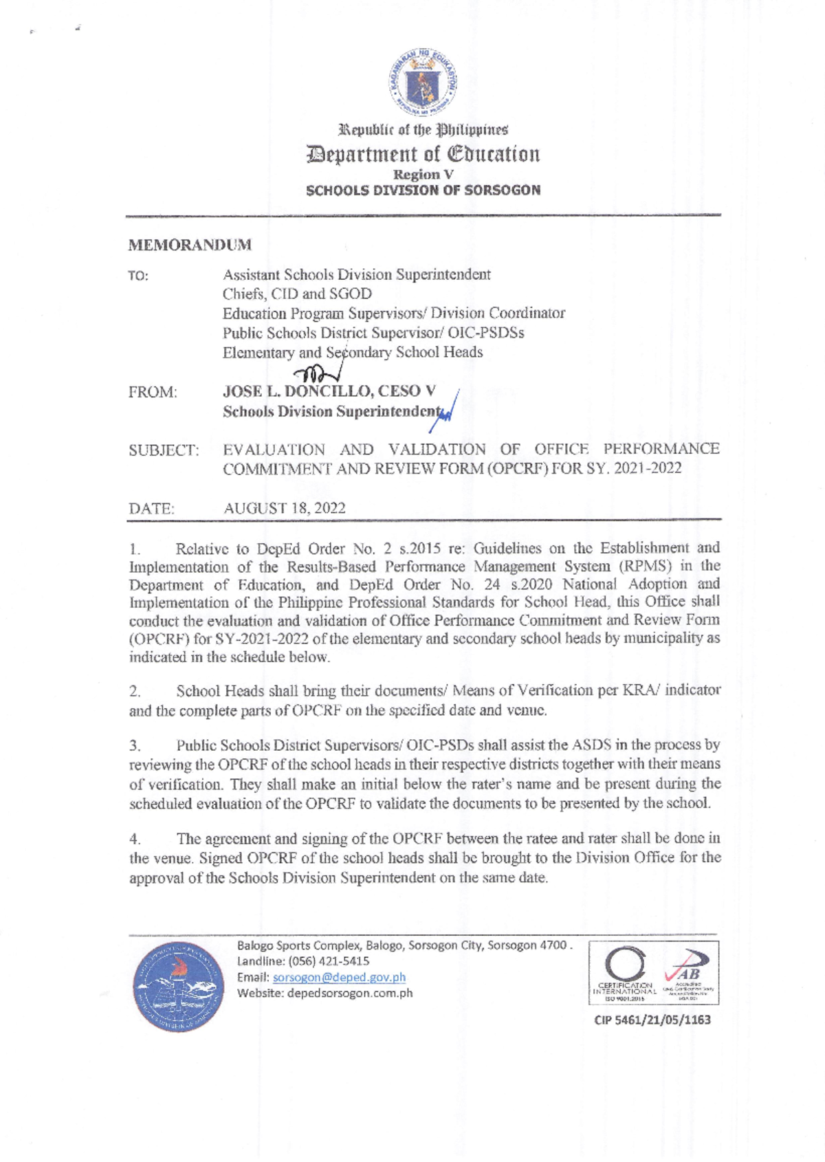 Evaluation and Validation of OPCRF for Office Performance 2021-2022 ...