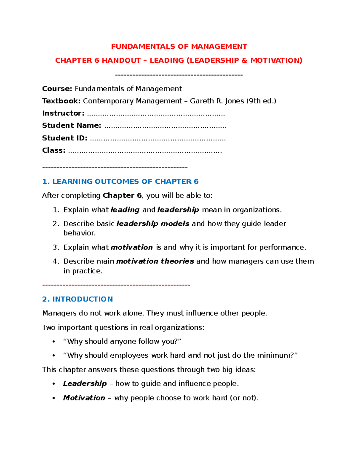 FUNDAMENTALS OF MANAGEMENT CHAPTER 6 HANDOUT: LEADING & MOTIVATION ...