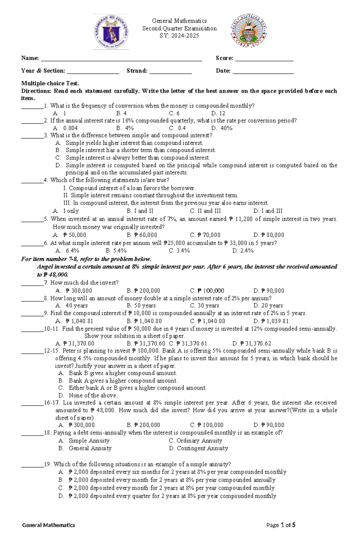Second Quarter Exam Review in General Mathematics (SY 2024) - Studocu