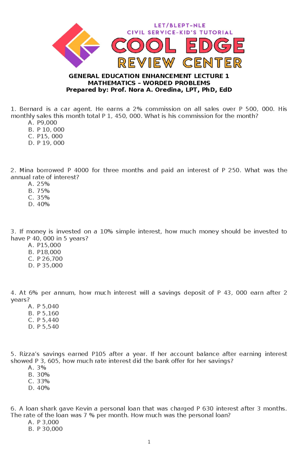 GENERAL EDUCATION ENHANCEMENT LECTURE 1: MATHEMATICS WORD PROBLEMS ...