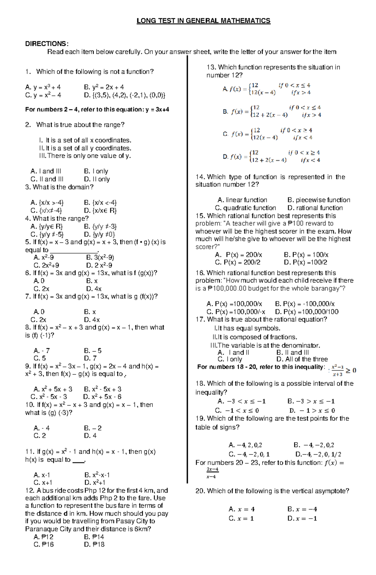 MATH11 GM 1ST Long Test: General Mathematics First Periodical Exam ...