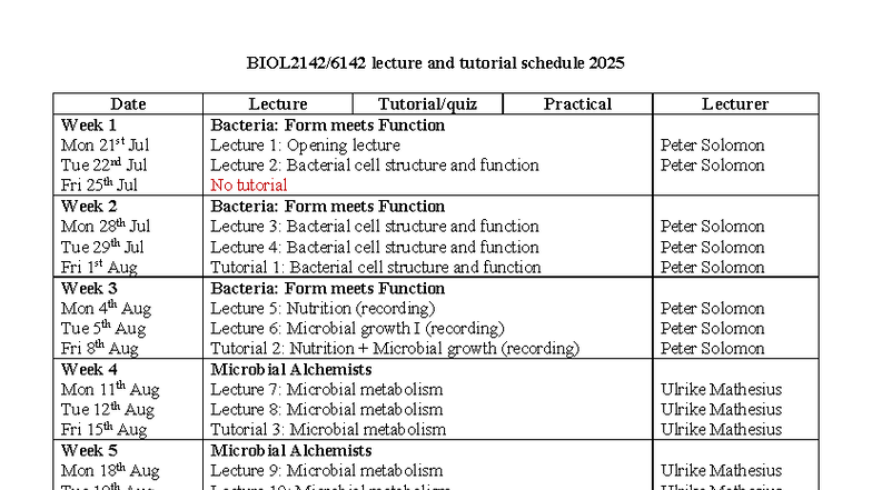 Lecture & Tutorial Schedule 2025: Bacteria & Microbial Studies - Studocu