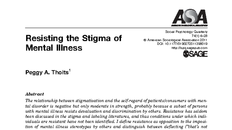 Resistance to Stigma in Mental Illness: Exploring Coping Strategies ...