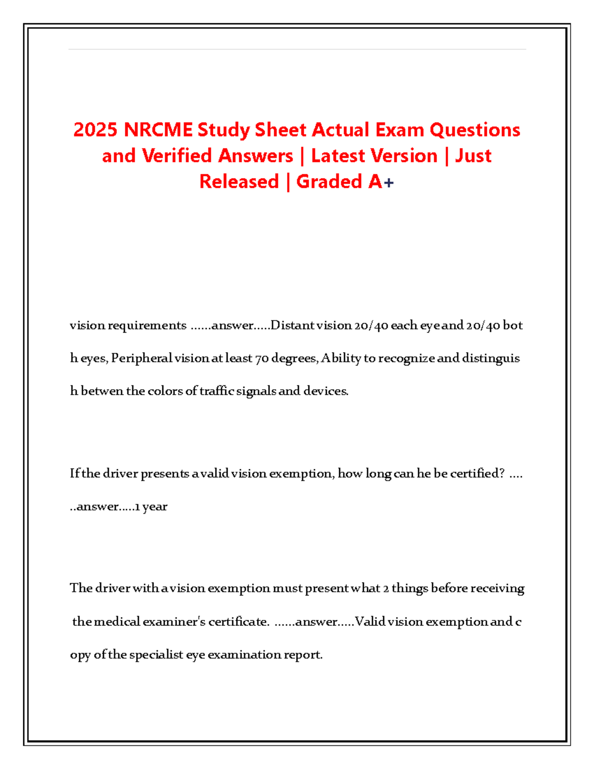 2025 NRCME Study Sheet: Actual Exam Qs & Verified Answers - Studocu