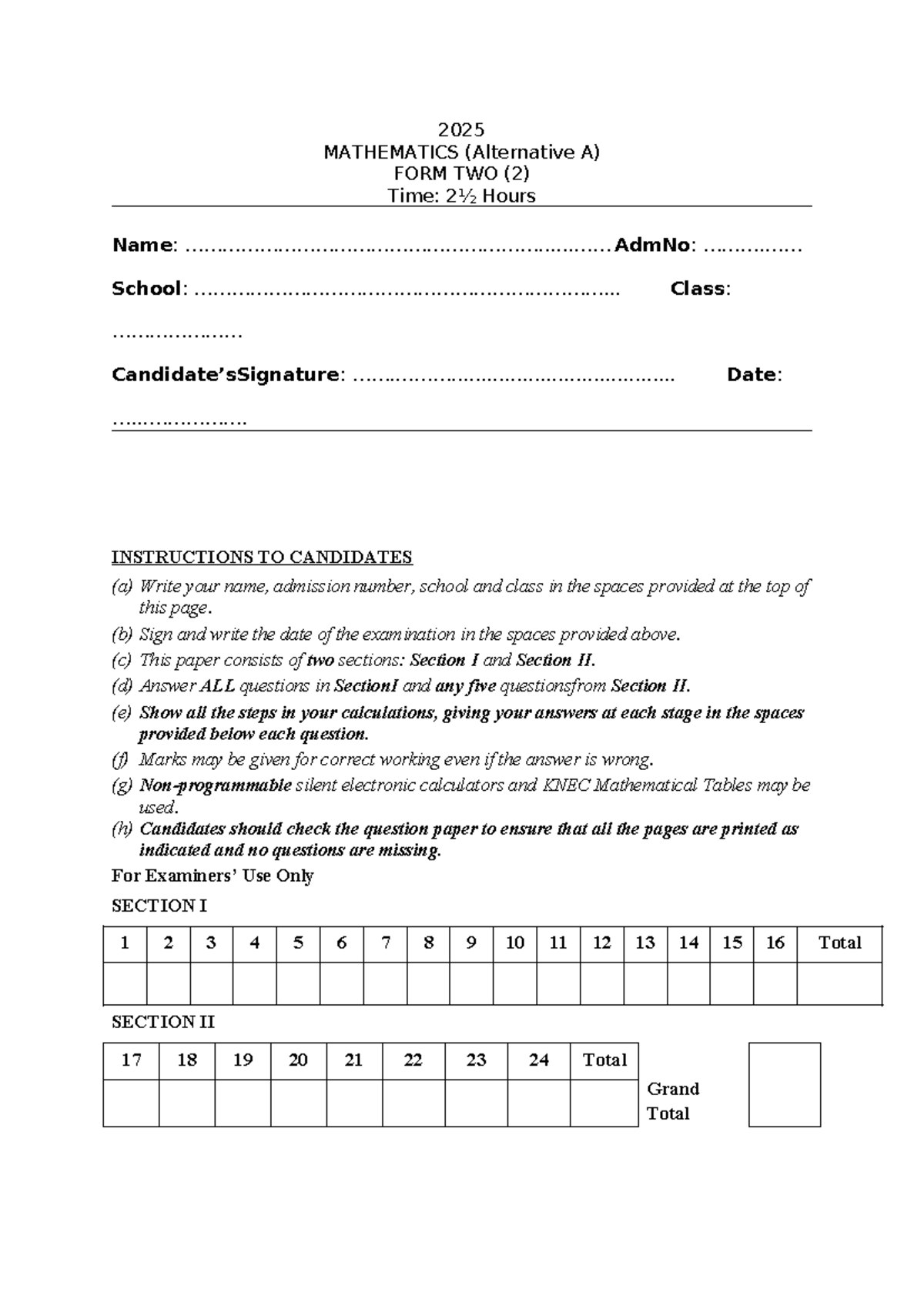 2025 MATHEMATICS FORM TWO (2) Question Paper - Alternative A - Studocu