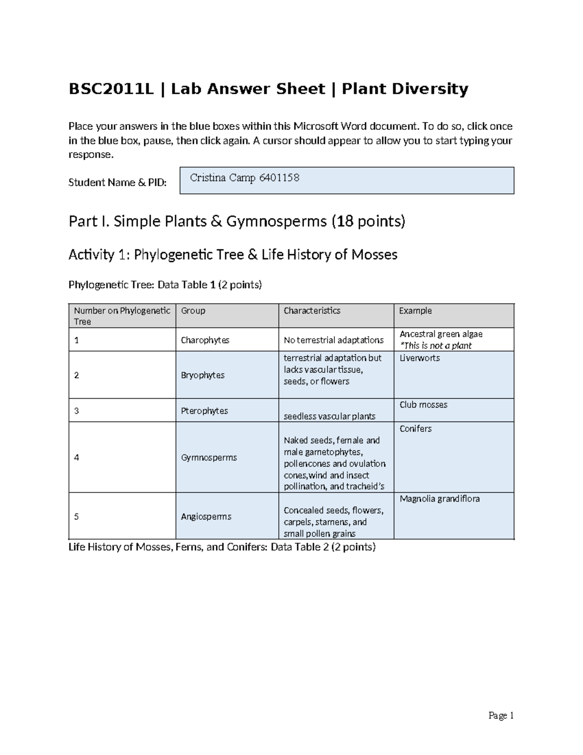 BSC2011L Lab 4 Plant Diversity Answer Sheet - Studocu