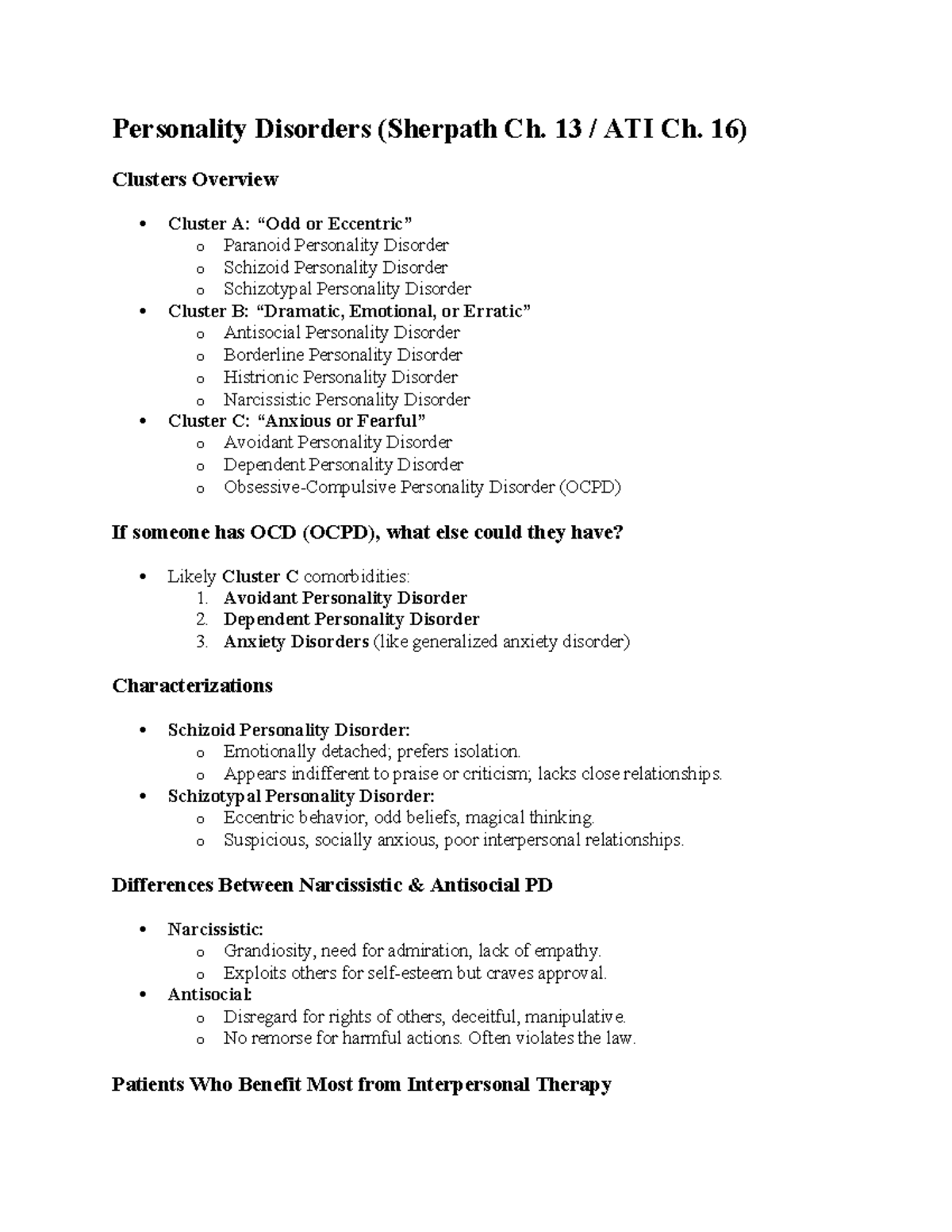 Personality Disorders Overview (Sherpath Ch. 13 ATI Ch. 16) - Studocu