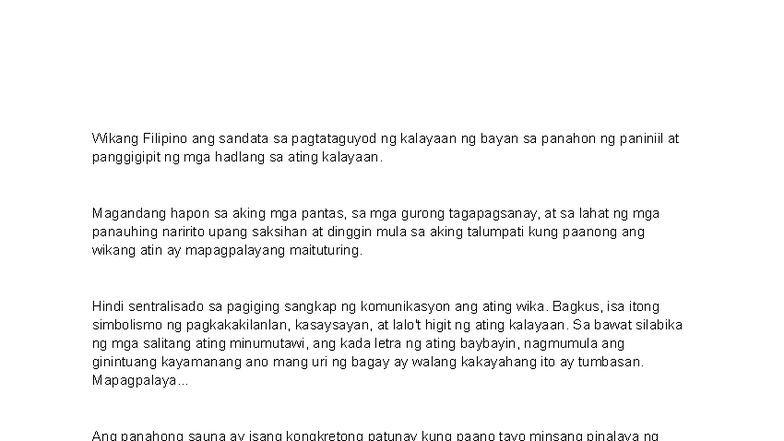 Talumpati: Wikang Filipino Bilang Sandata ng Kalayaan - Studocu