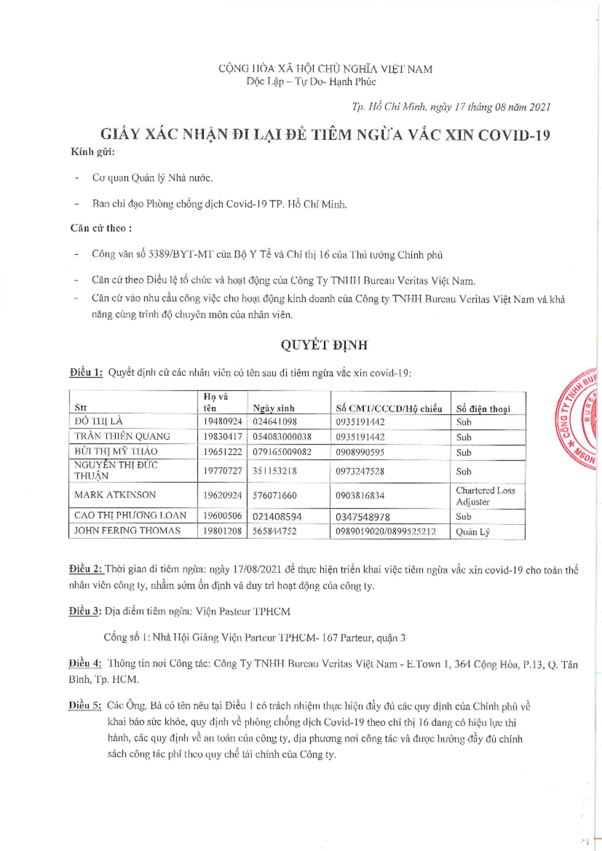 Giấy Xác Nhận Đi Đường - Công Ty TNHH Bureau Veritas Việt Nam - Studocu