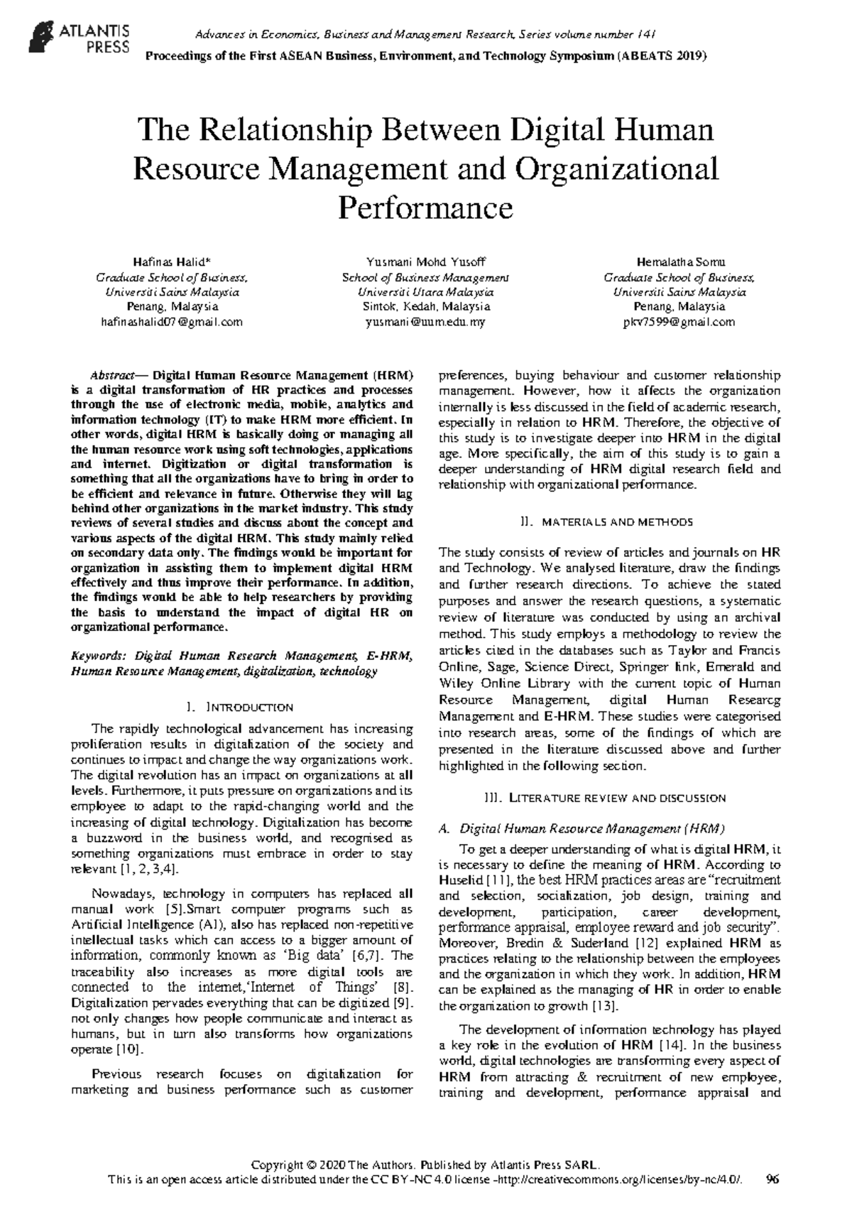 Digital HRM and Organizational Performance: Insights from ABEATS 2019 ...