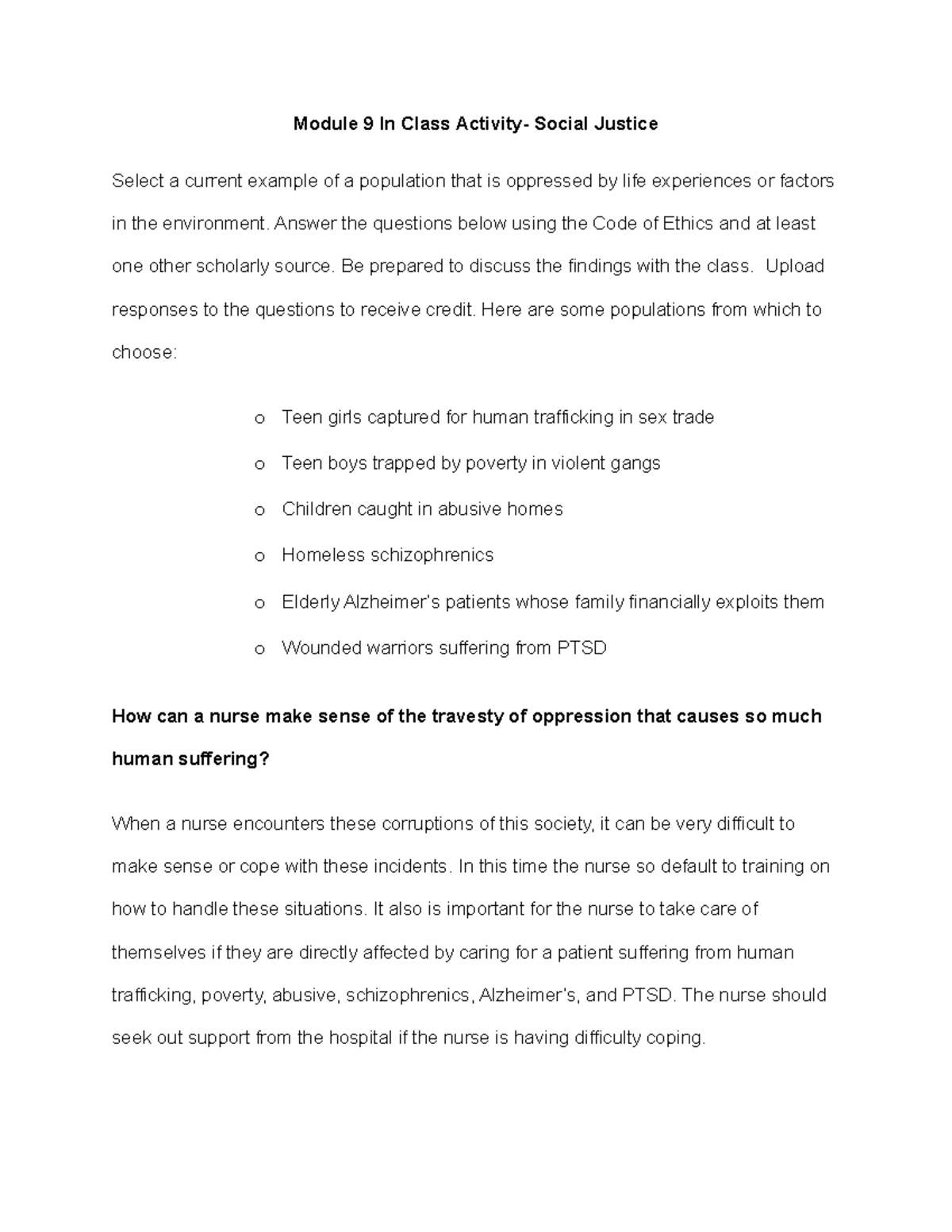 Module 9 In-Class Activity: Addressing Social Justice Issues in Nursing ...