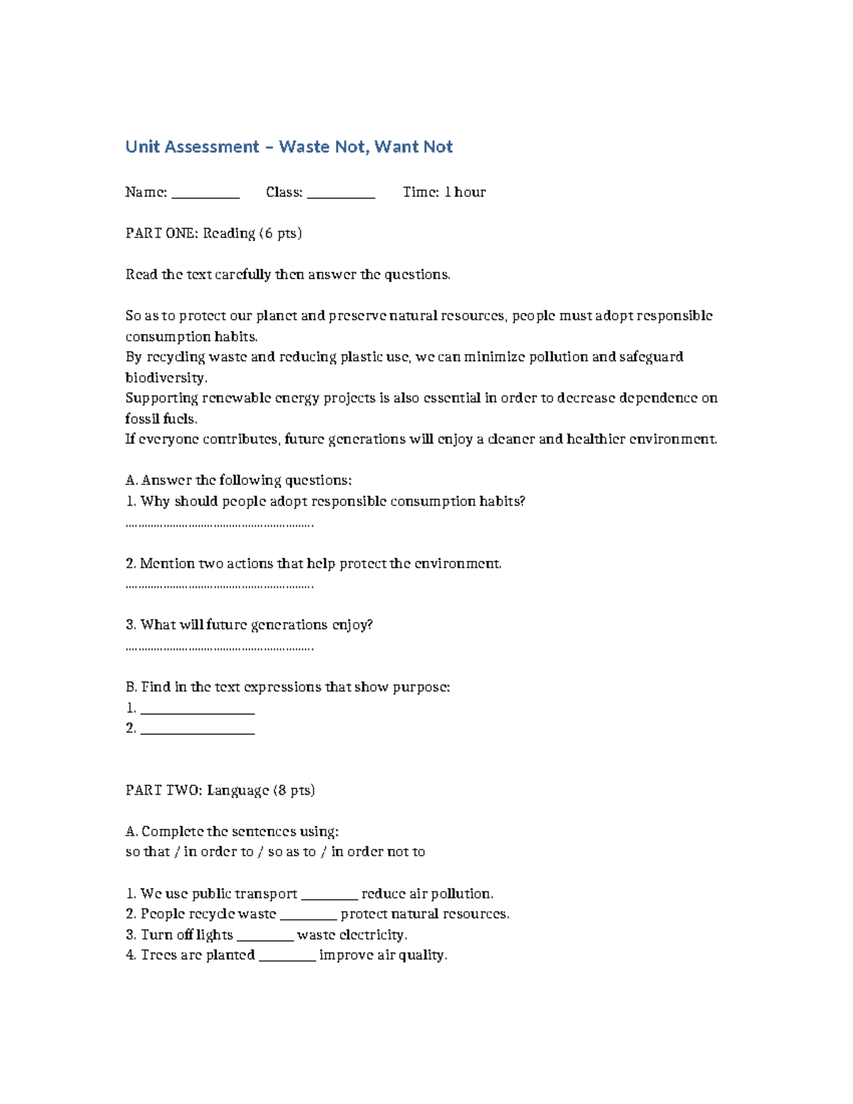 Unit Assessment: Waste Not, Want Not - Environmental Responsibility ...