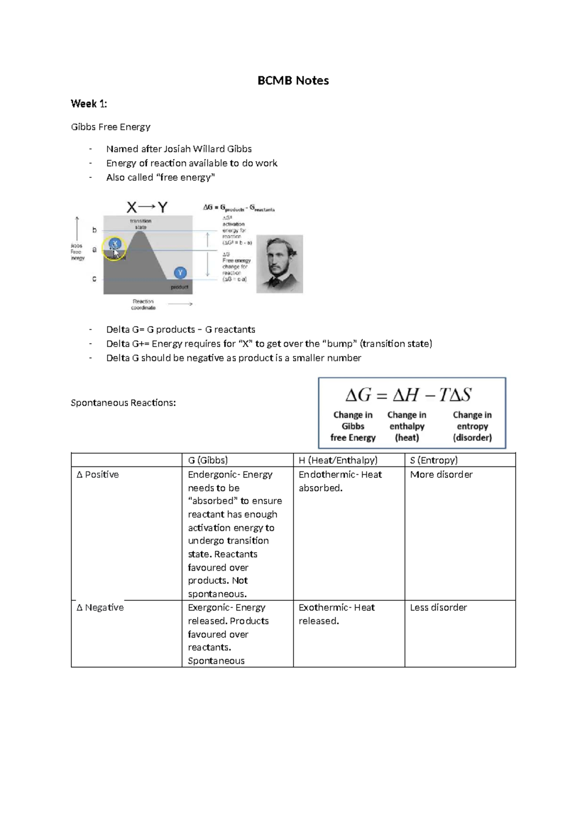 BCMB 101: Week 1 Notes on Gibbs Free Energy and Enzyme Function - Studocu