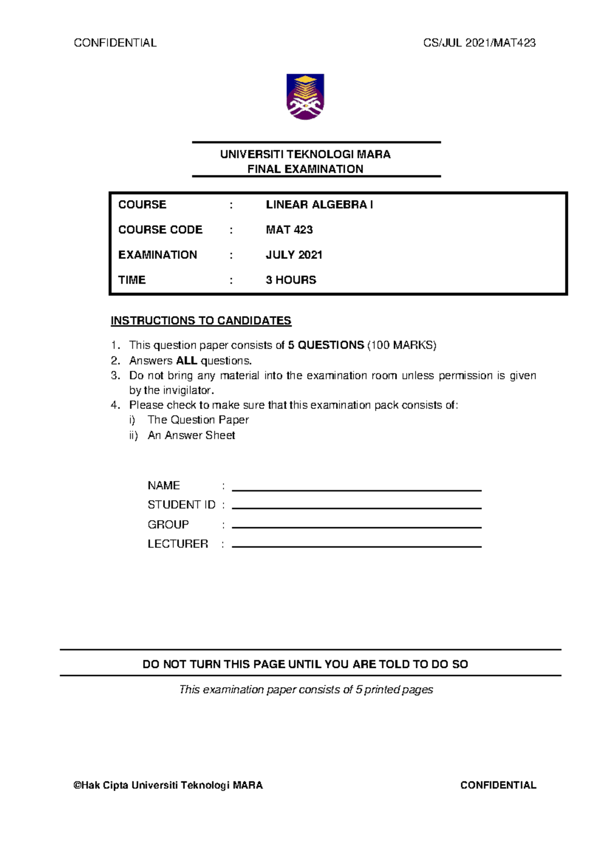 MAT423 FINAL EXAM JULY 2021 PAST YEAR QUESTIONS & SOLUTIONS - Studocu