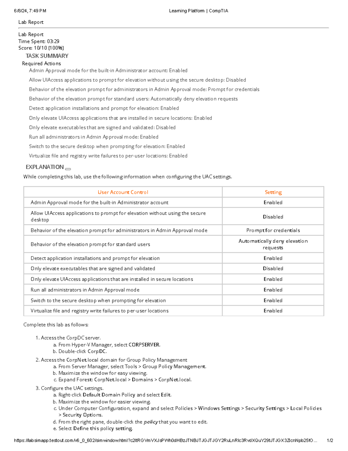 CompTIA 6.6.6 - UAC Configuration Lab Report & Simulation Summary - Studocu