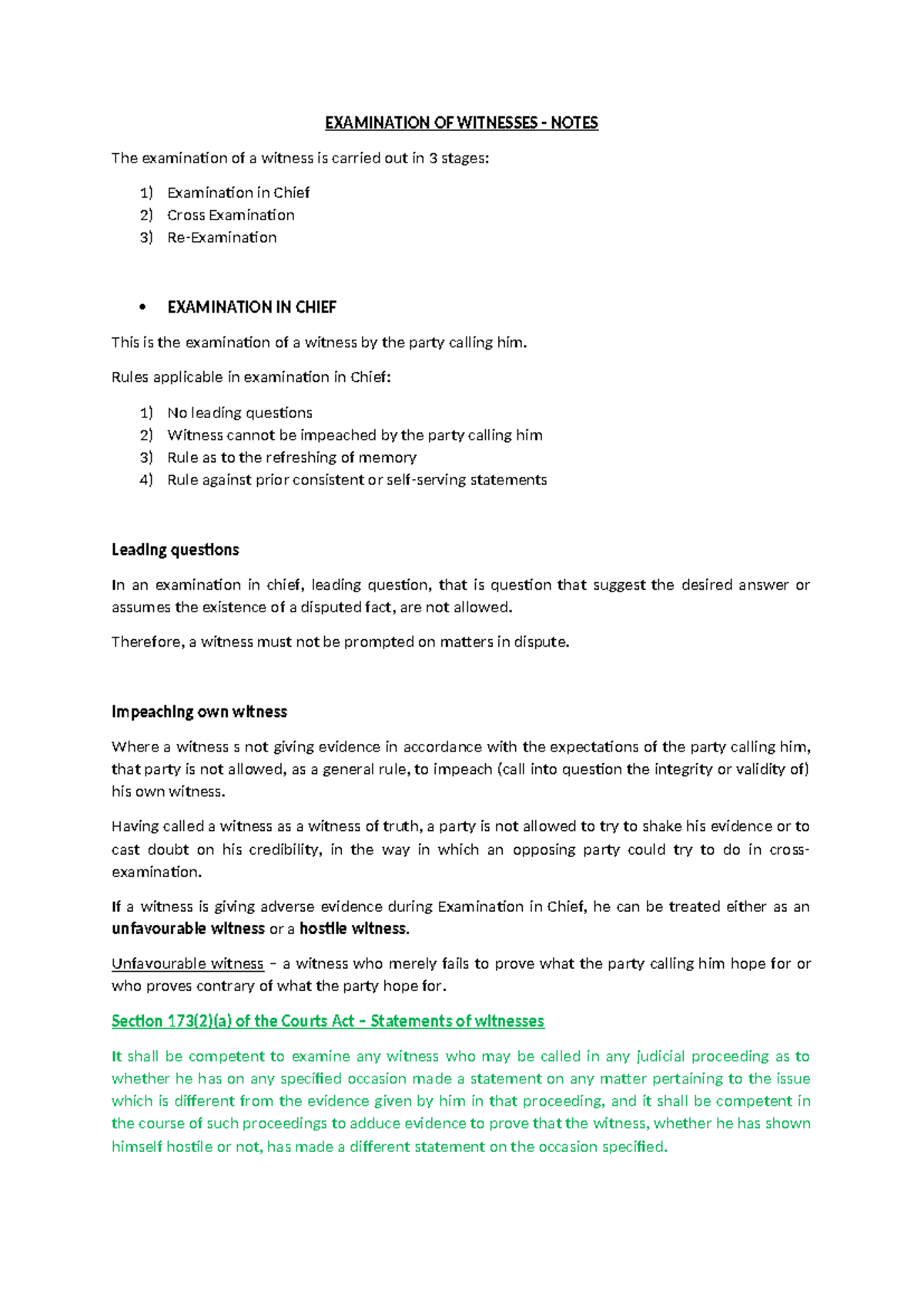 Examination of Witnesses: Key Notes on Procedure and Rules - Studocu