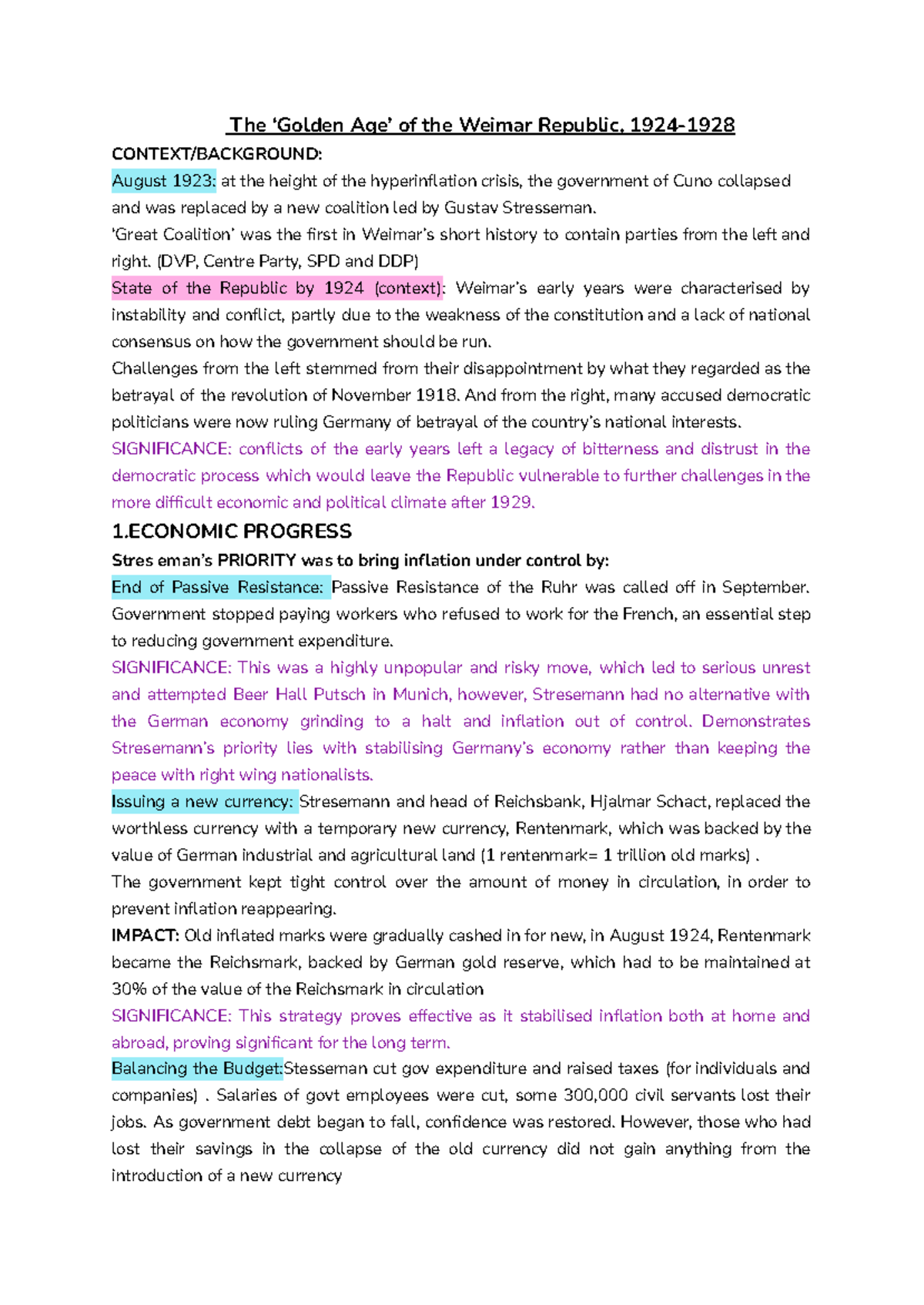 Weimar Republic Economic and Cultural Developments (1924-1928) - Studocu